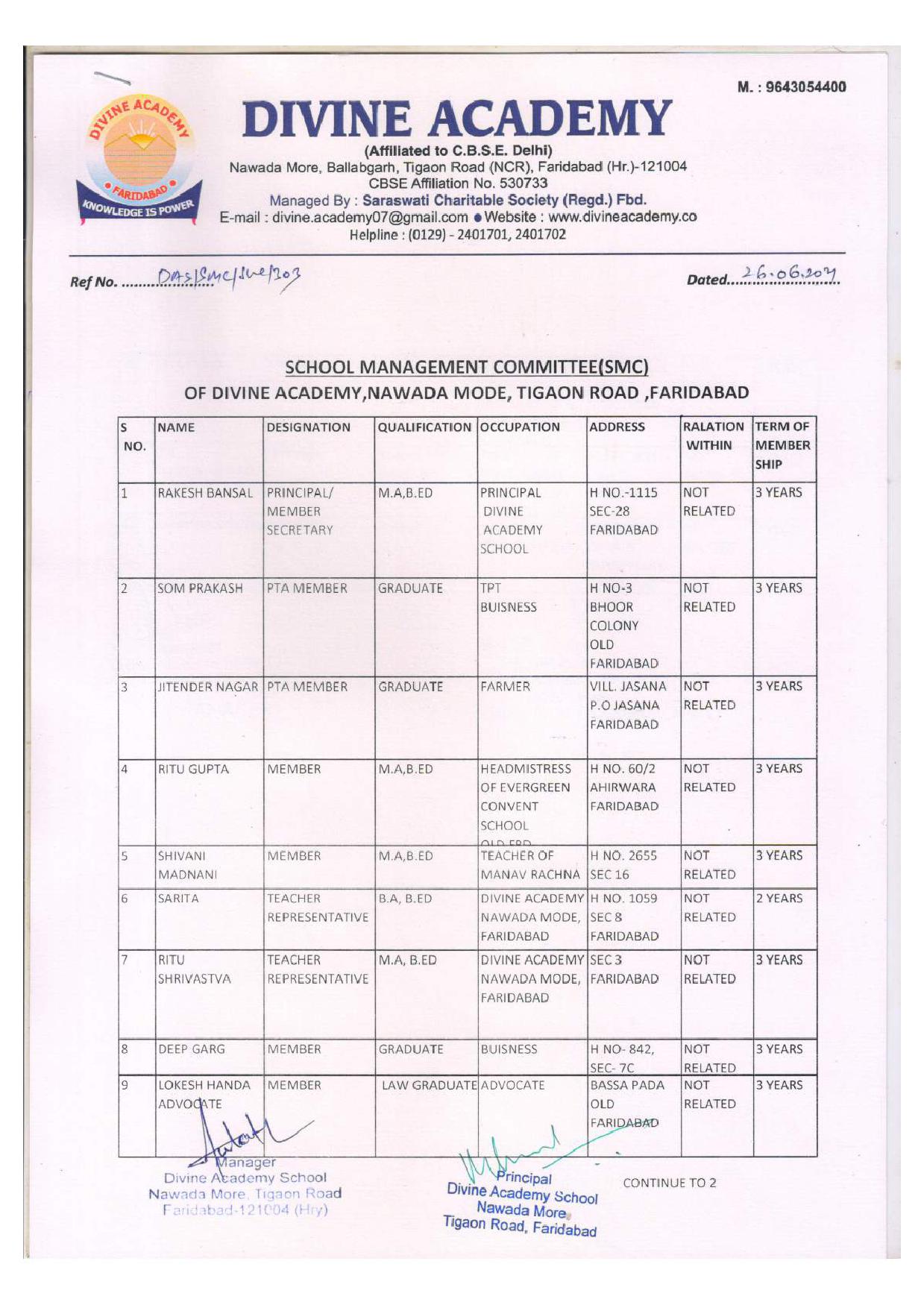 Divine Academy School- School Management Committee (SMC)